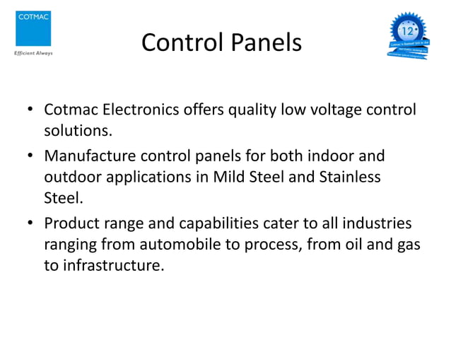 Cotmac Electronics Control panels | PPT