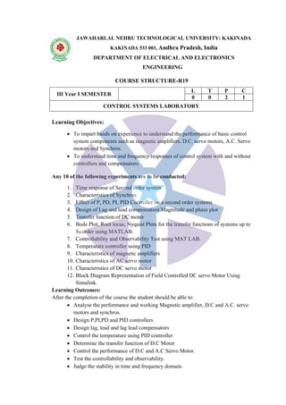 Control systems lab manual R19 jntuk, vignan's institute of engineering for women | PDF