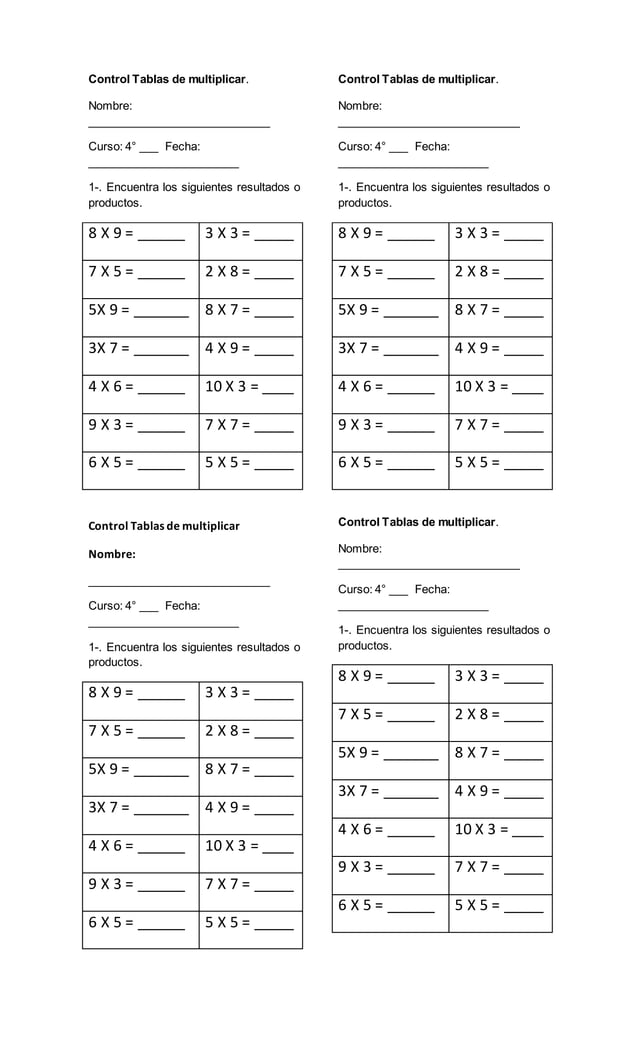 Control tablas de multiplicar | DOCX