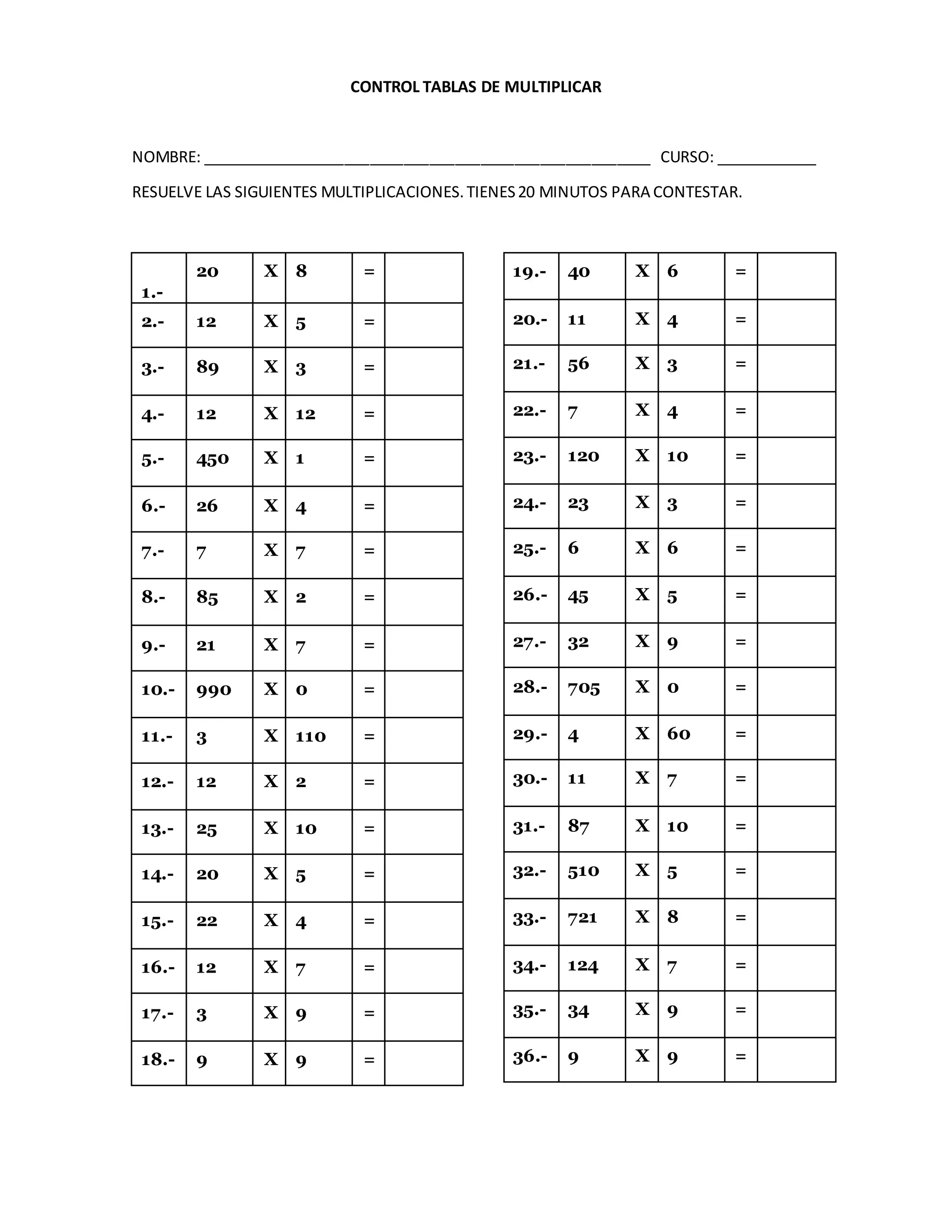Control tablas de multiplicar 5° basicos | DOCX