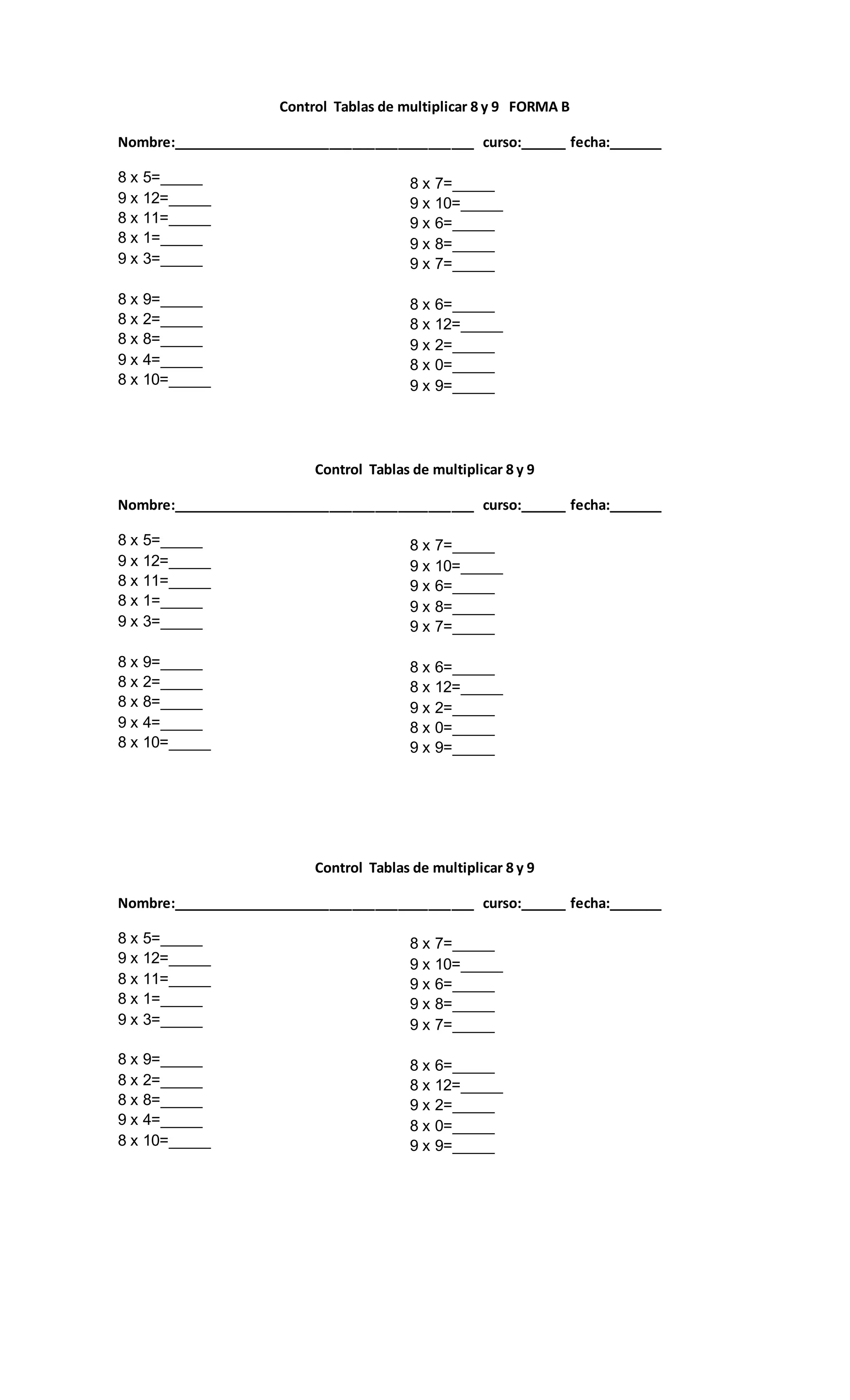 Control tablas de multiplicar 8 y 9 | PDF
