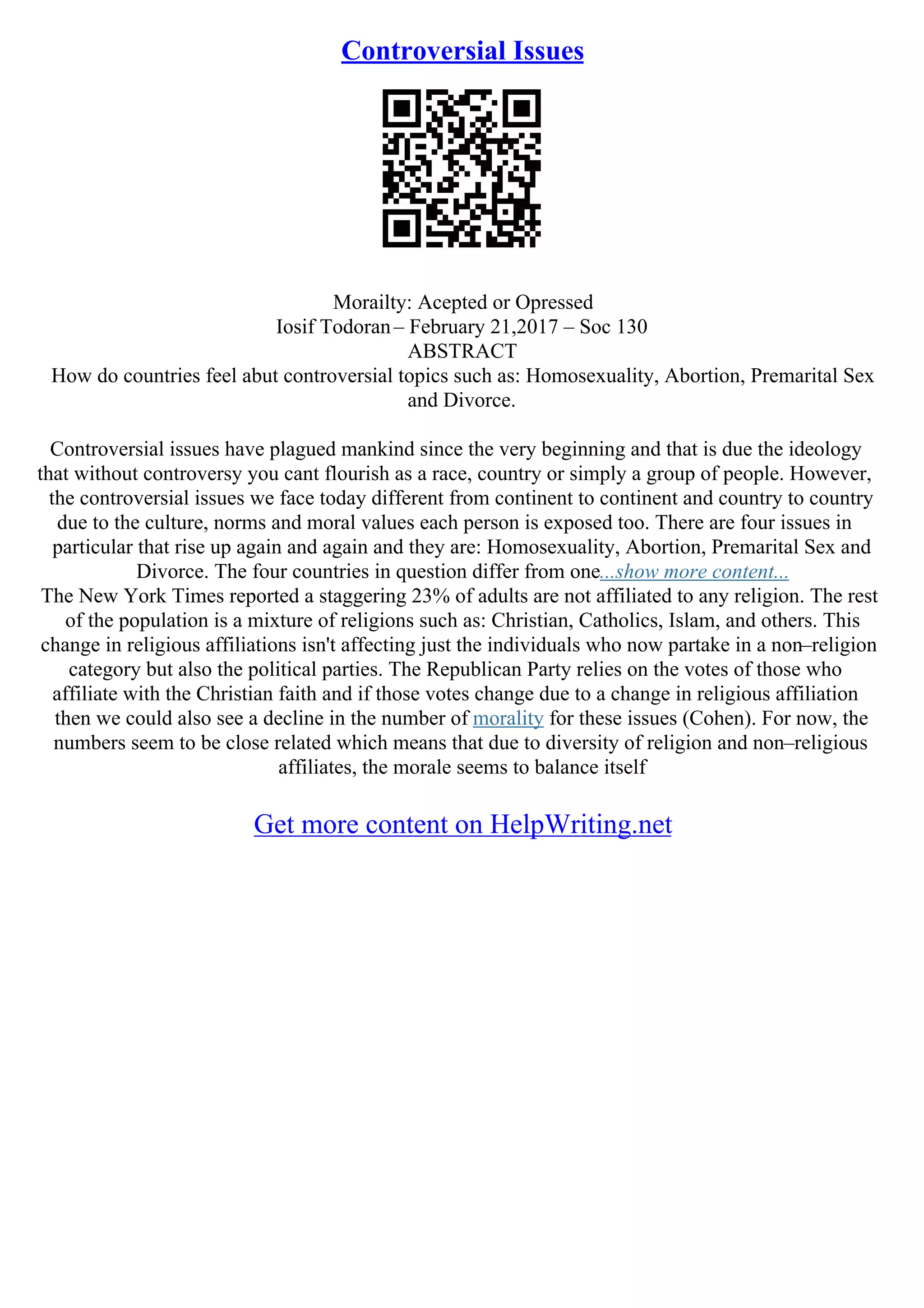 Controversial Essay Examples | PDF