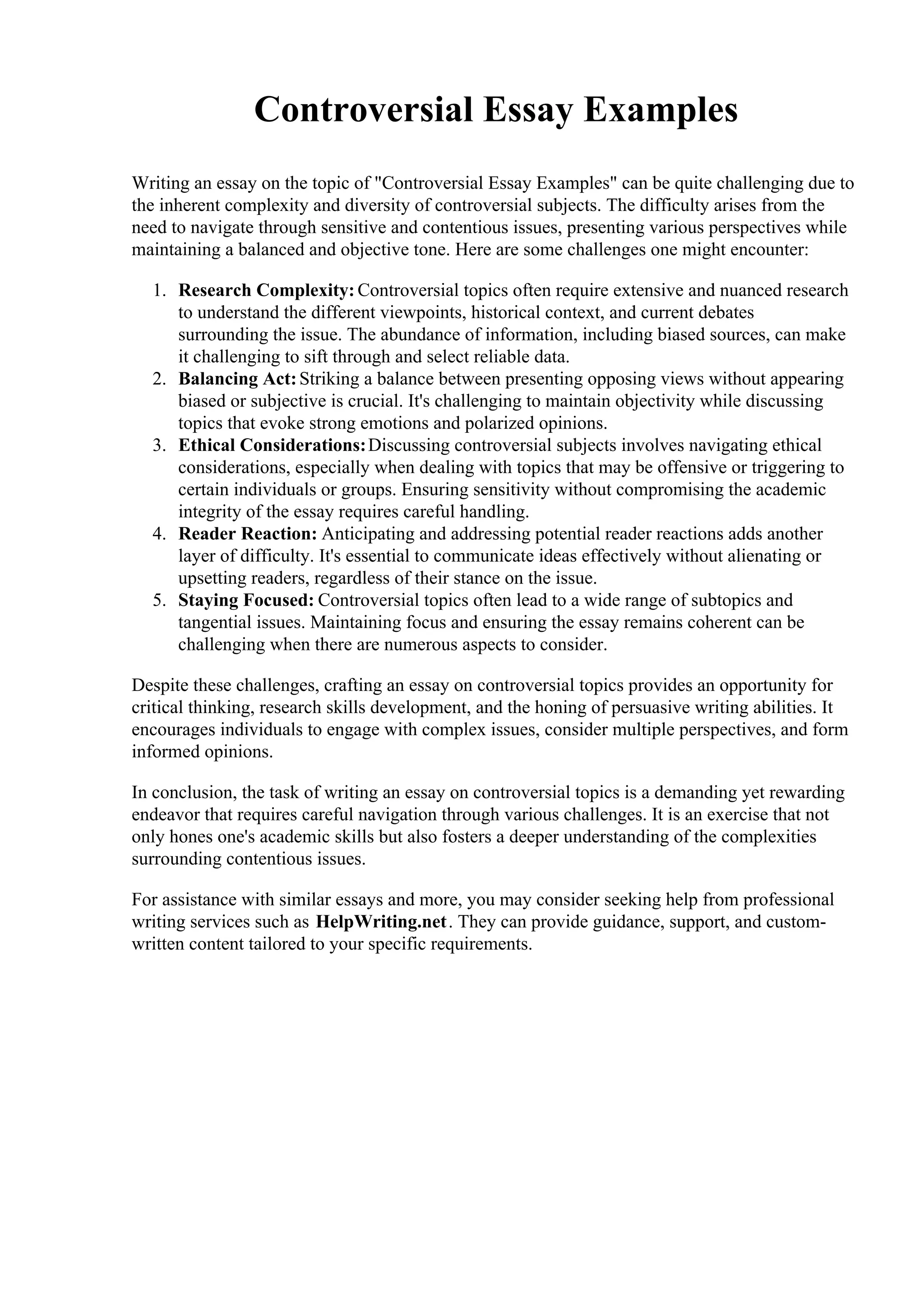 Controversial Essay Examples. Jefferson Community College (New York) | PDF