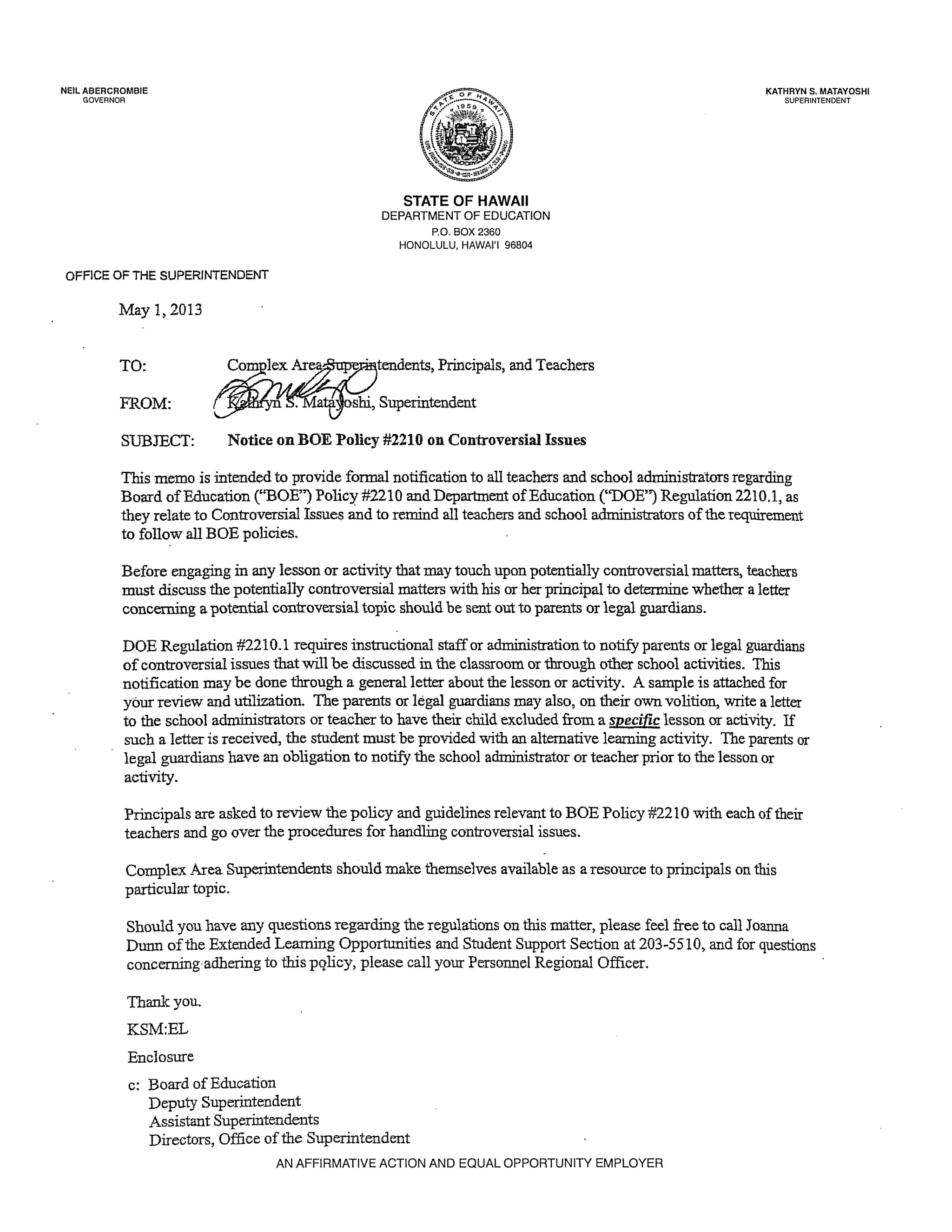 Hawaii DOE Policy on Controversial Issues | PDF