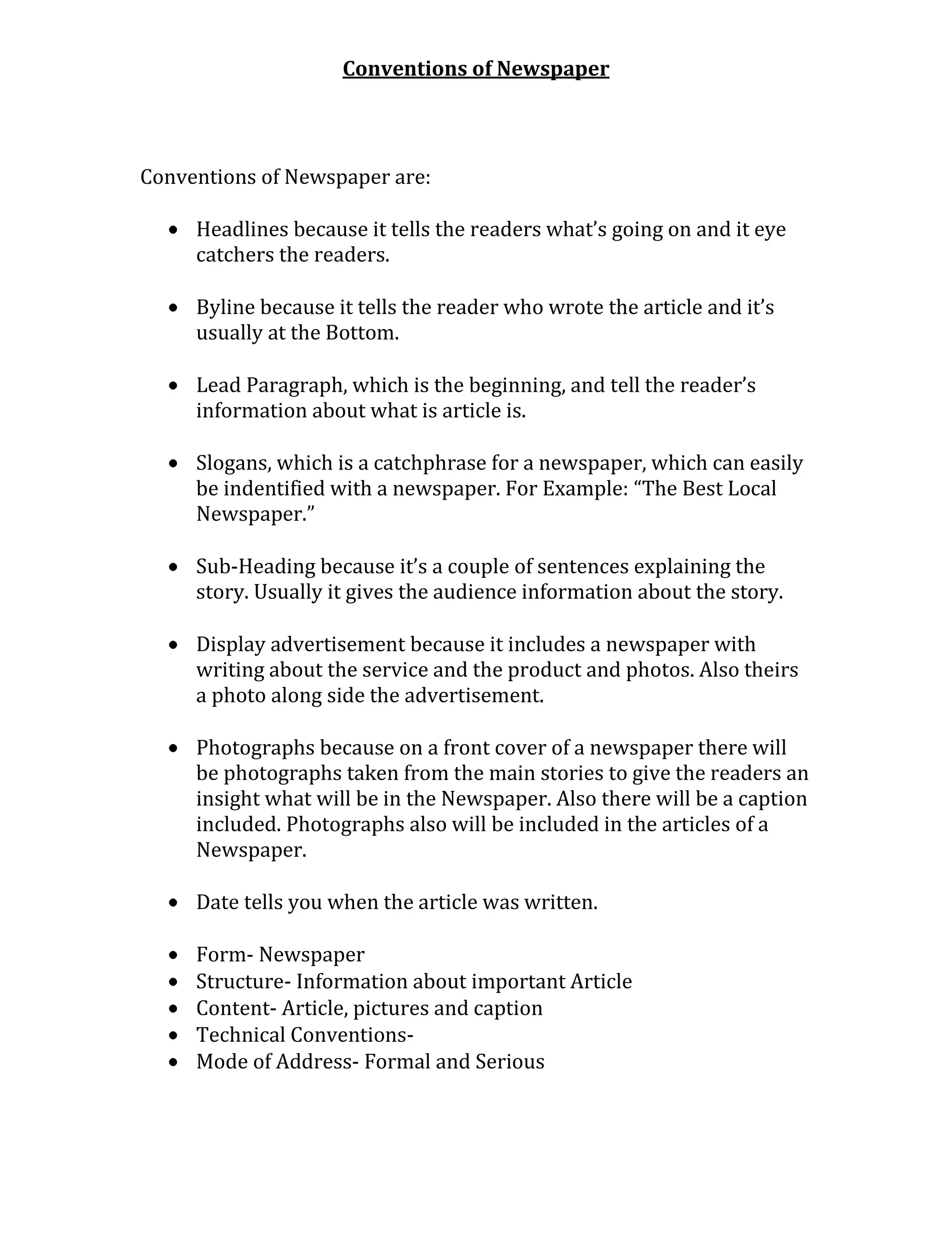 Conventions of Newspaper Article | DOCX