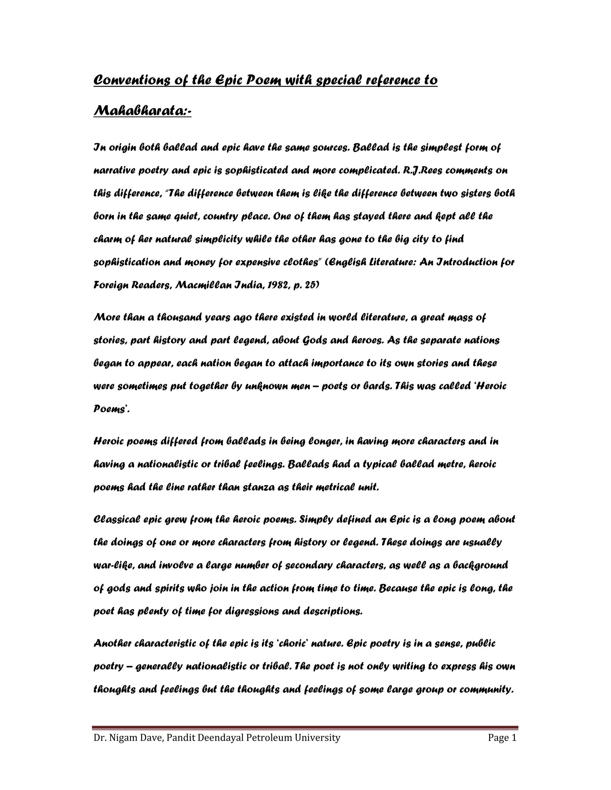 Conventions of the epic poem with special reference to mahabharata | PDF