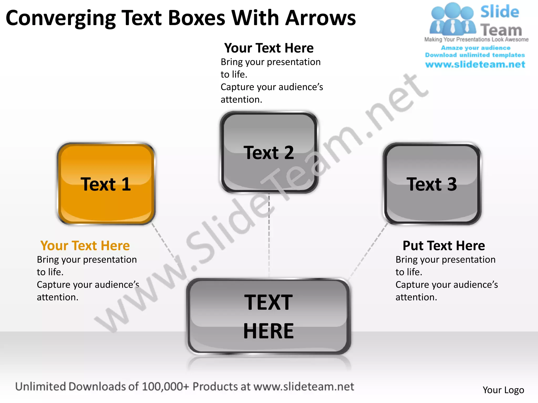 Converging text boxes with arrows circular spoke process power point ...
