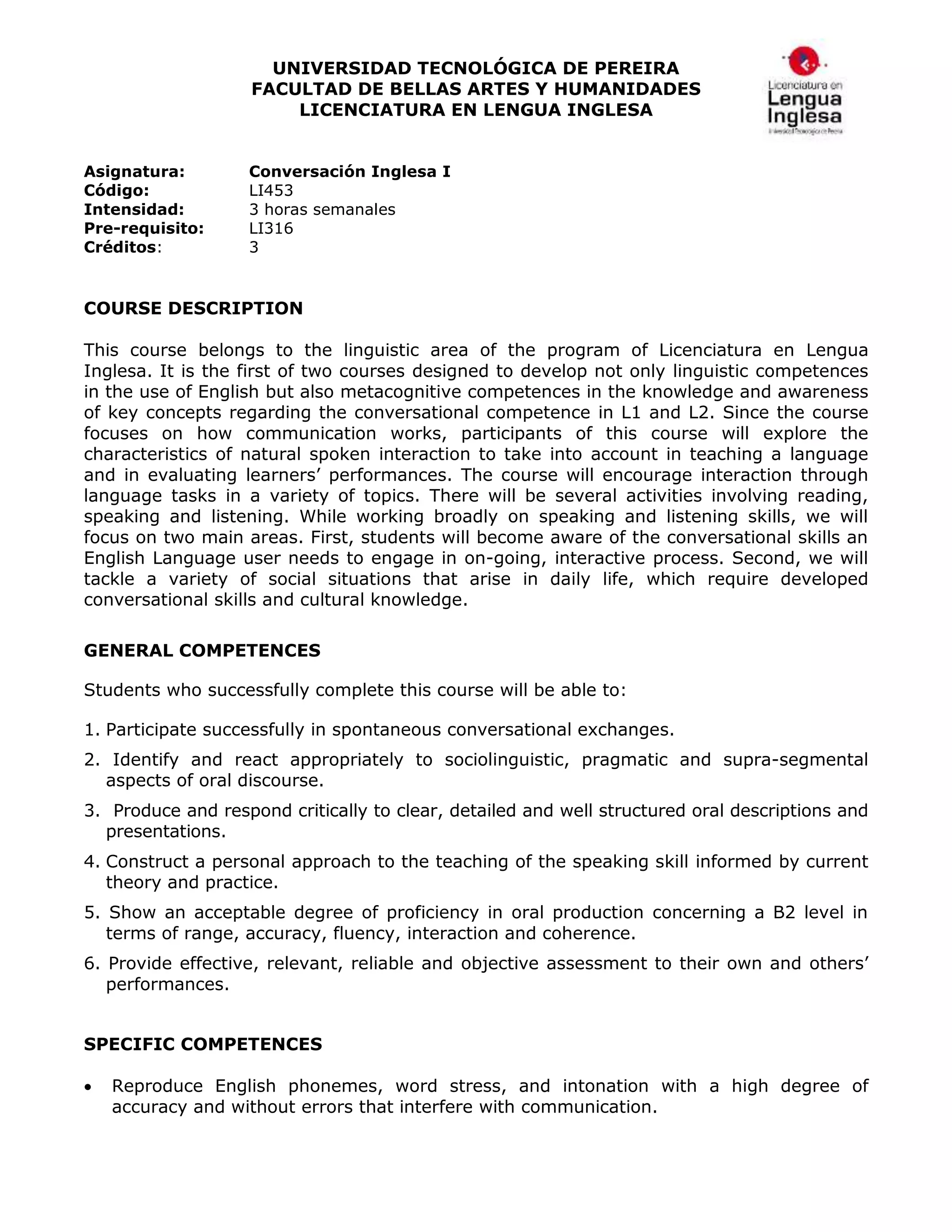ENGLISH CONVERSATION I SYLLABUS | PDF