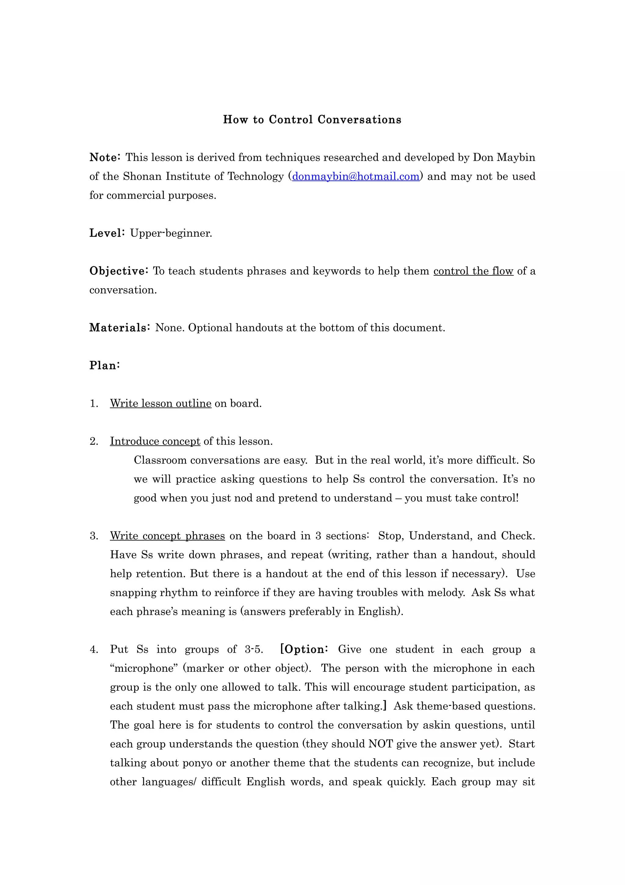 Conversation control lesson plan | DOC