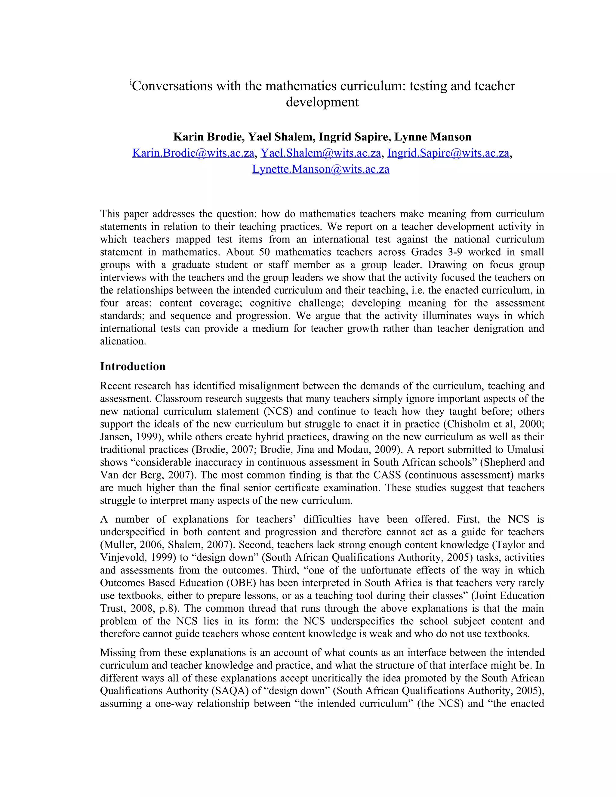 Conversations with the Mathematics Curriculum: Testing and Teacher ...