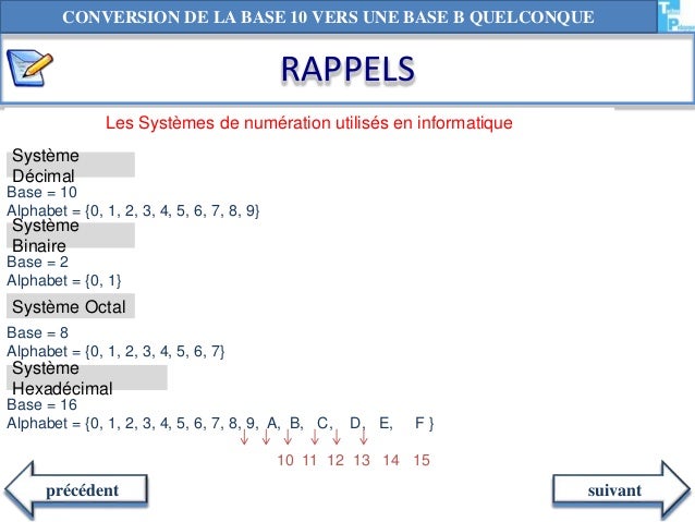 Conversion d'un nombre du système décimal (base 10) vers un système d… Conversion d'un nombre du système décimal (base 10) vers un système d…