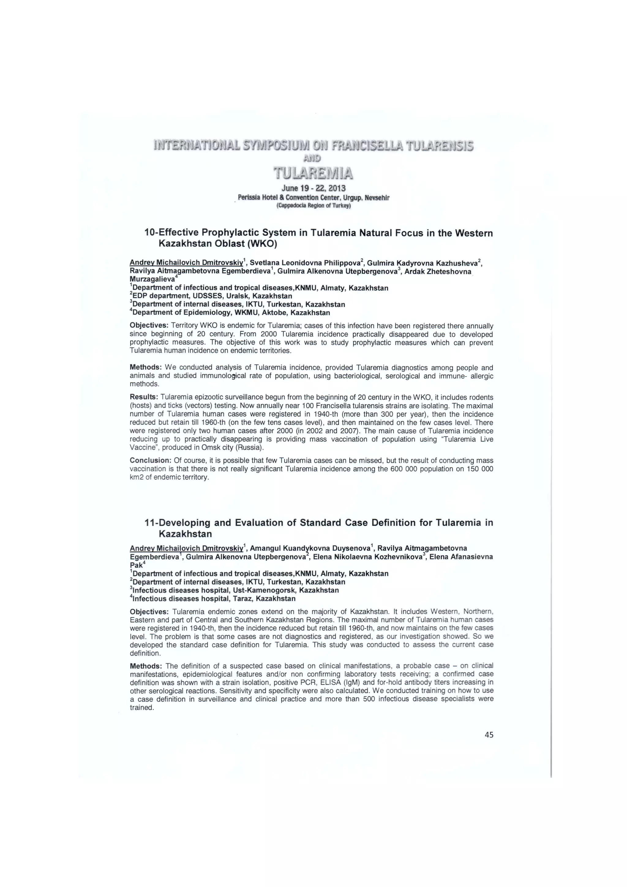 Developing and evaluation of standard case definition for tularemia in ...