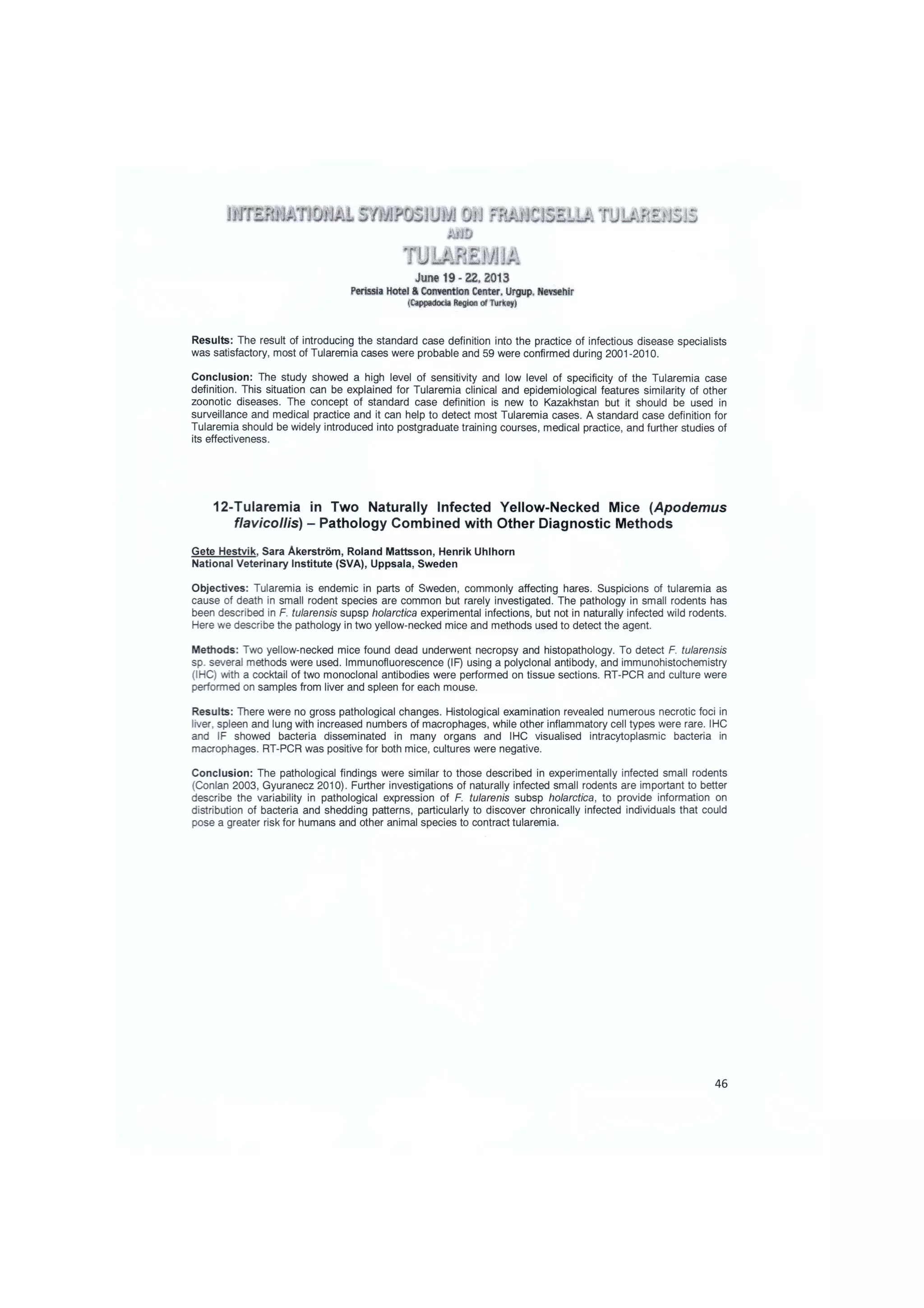 Developing and evaluation of standard case definition for tularemia in ...
