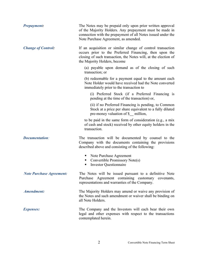 Convertible note financing term sheet | PDF