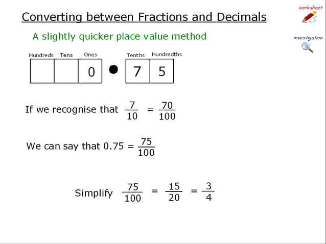 Converting between fractions, decimals and percentages | PPT