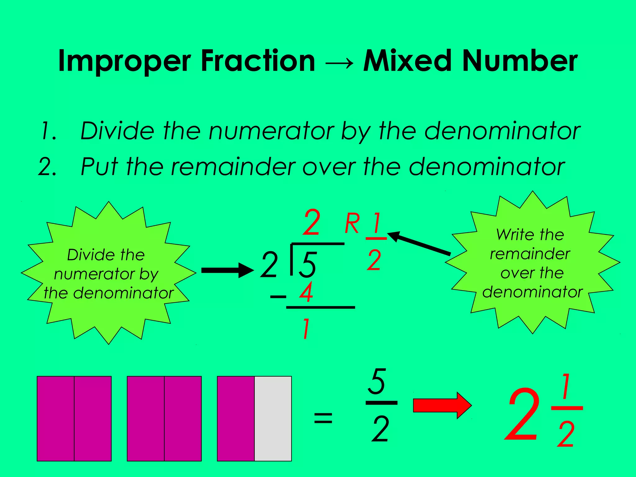 Converting fractions improper to mixed numbers | PPT