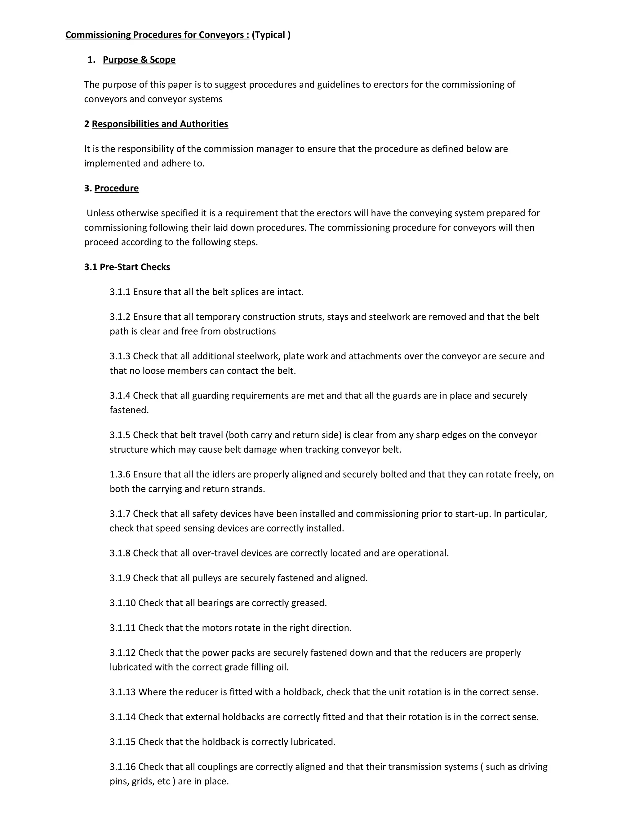 Commissioning Procedures for Conveyors (Typical) | DOC