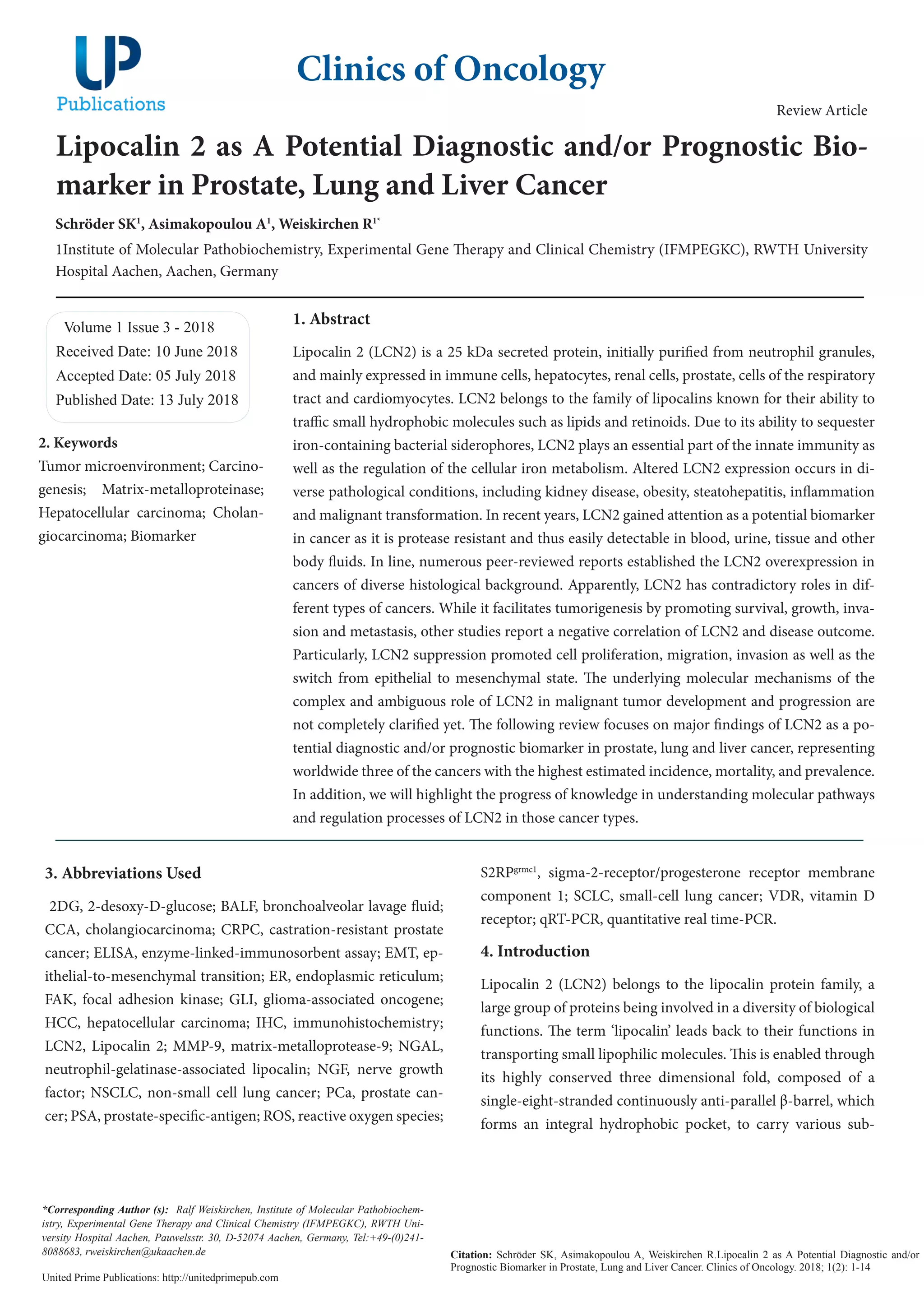 Lipocalin 2 as a Potential Diagnostic and/or Prognostic Biomarker in Prostate, Lung and Liver ...