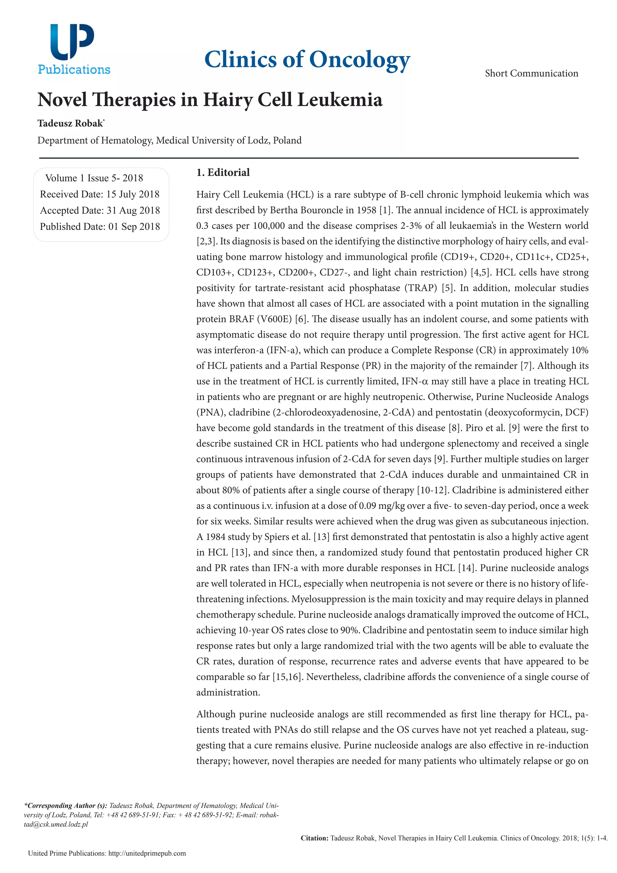 Novel Therapies in Hairy Cell Leukemia | PDF
