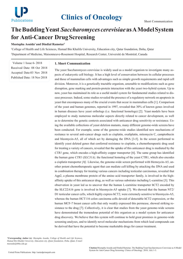The Budding Yeast Saccharomyces Cerevisiae As A Model System For Anti Cancer Drug Screening Pdf