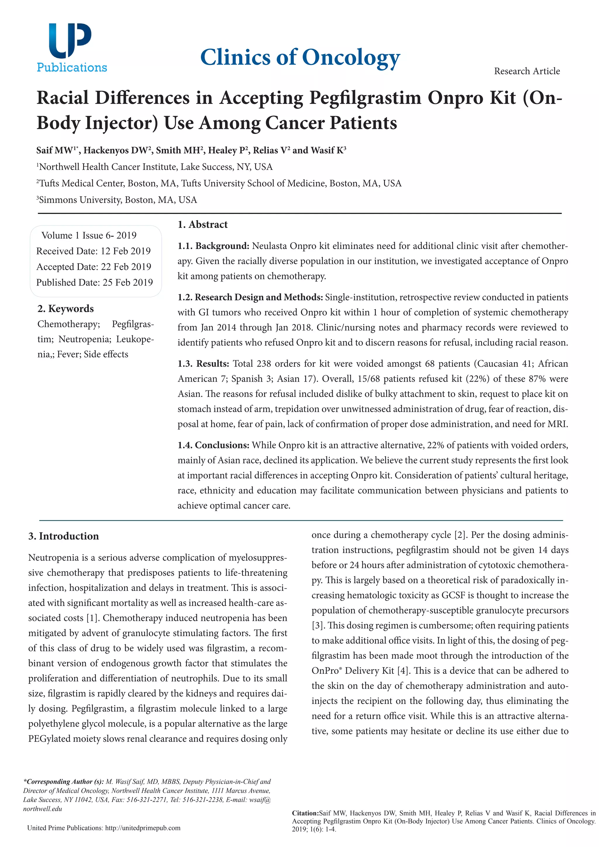 Racial Differences in Accepting Pegfilgrastim Onpro Kit (On-Body ...