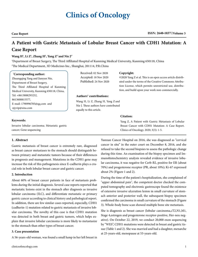 A Patient with Gastric Metastasis of Lobular Breast Cancer with CDH1 ...