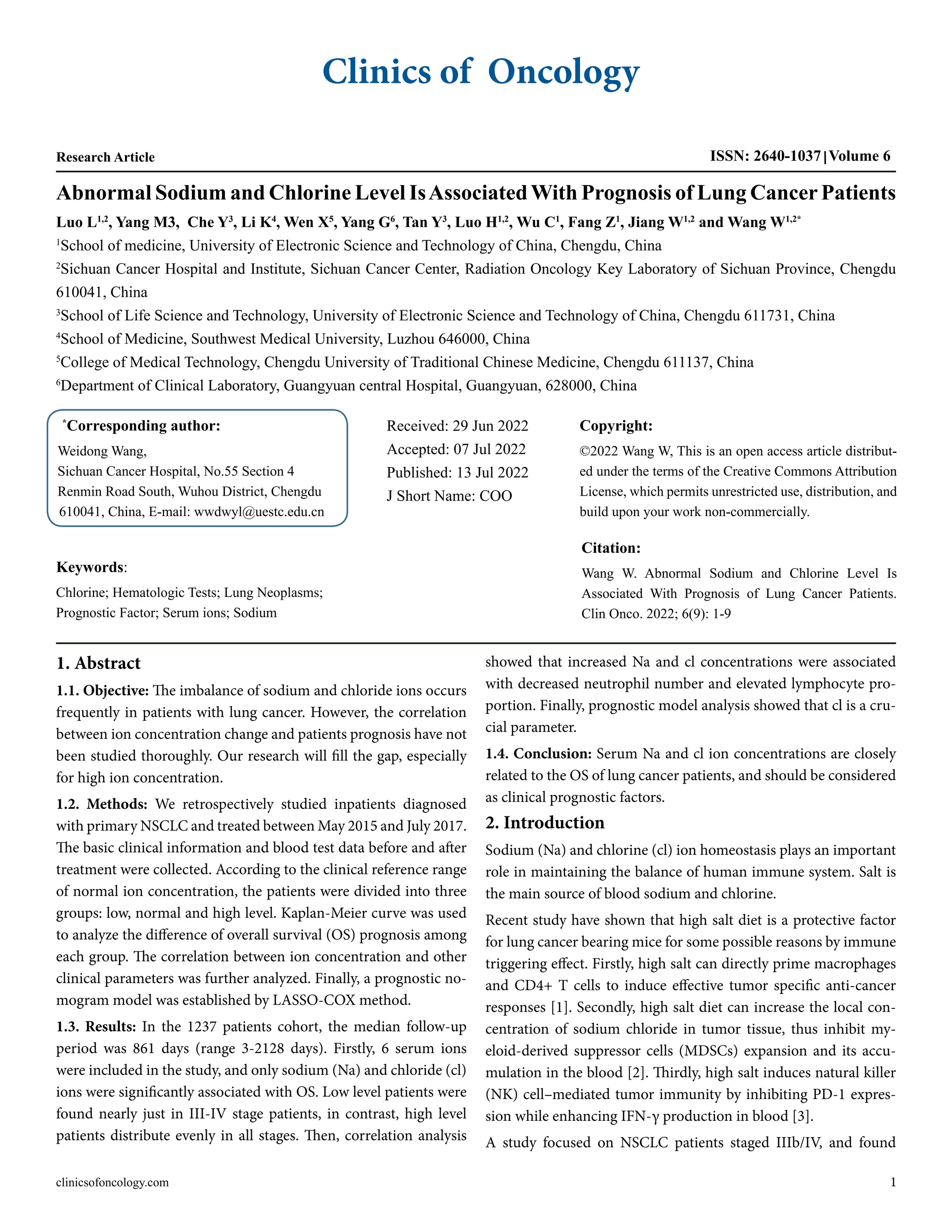 Abnormal Sodium and Chlorine Level Is Associated With Prognosis of Lung ...