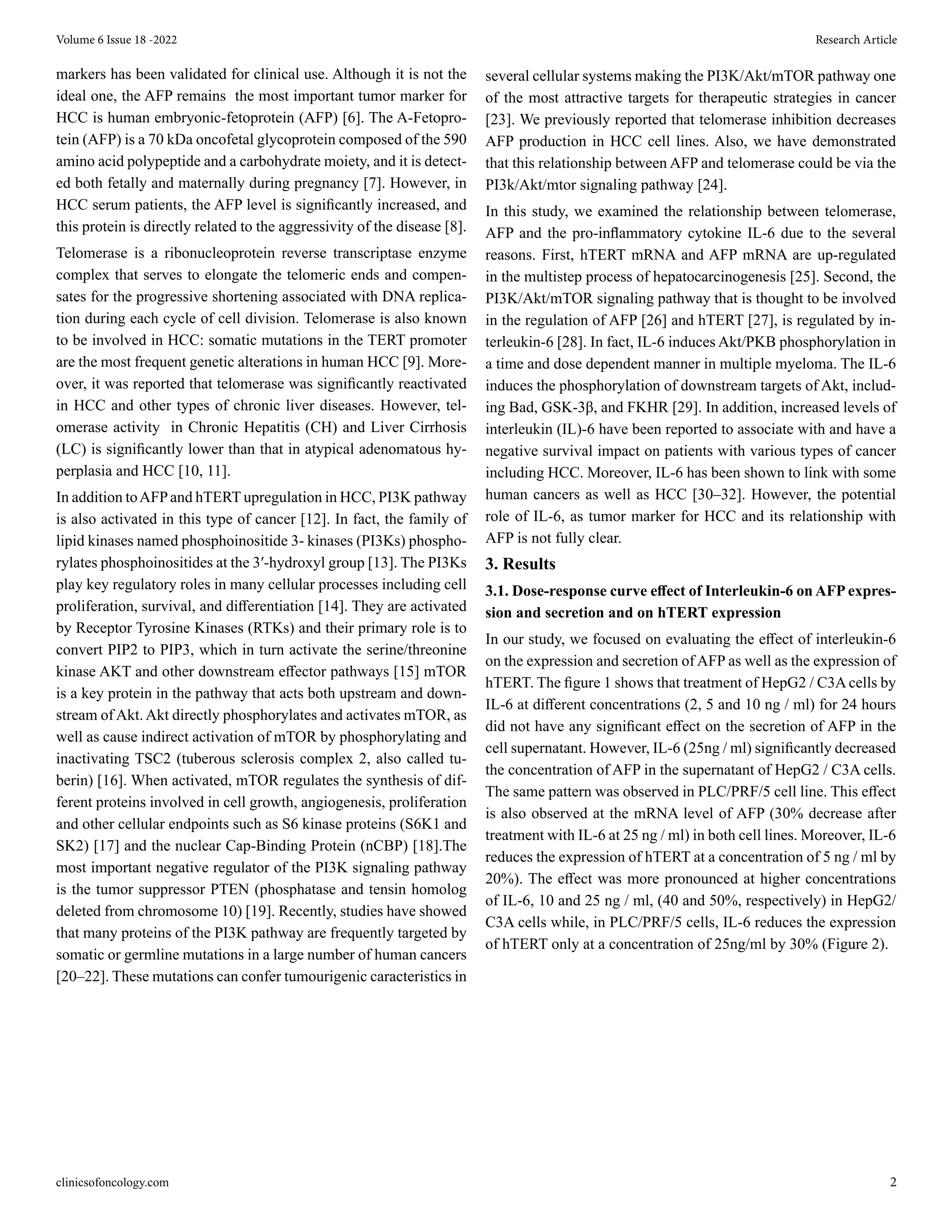 Involvement of Interleukin-6 Induced PI3K/Akt/mTor Pathway in the Regulation of Telomerase and ...