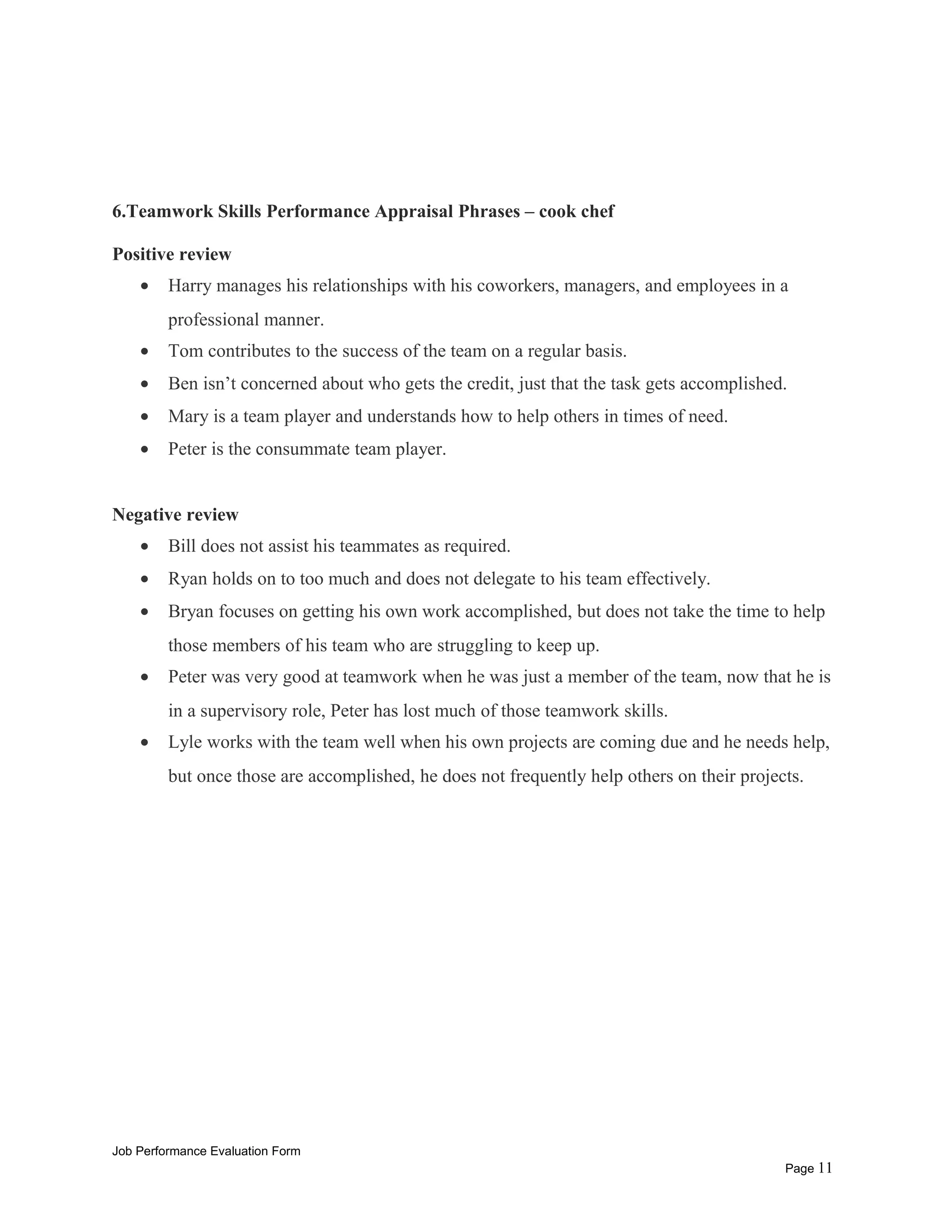 Cook chef performance appraisal | DOC