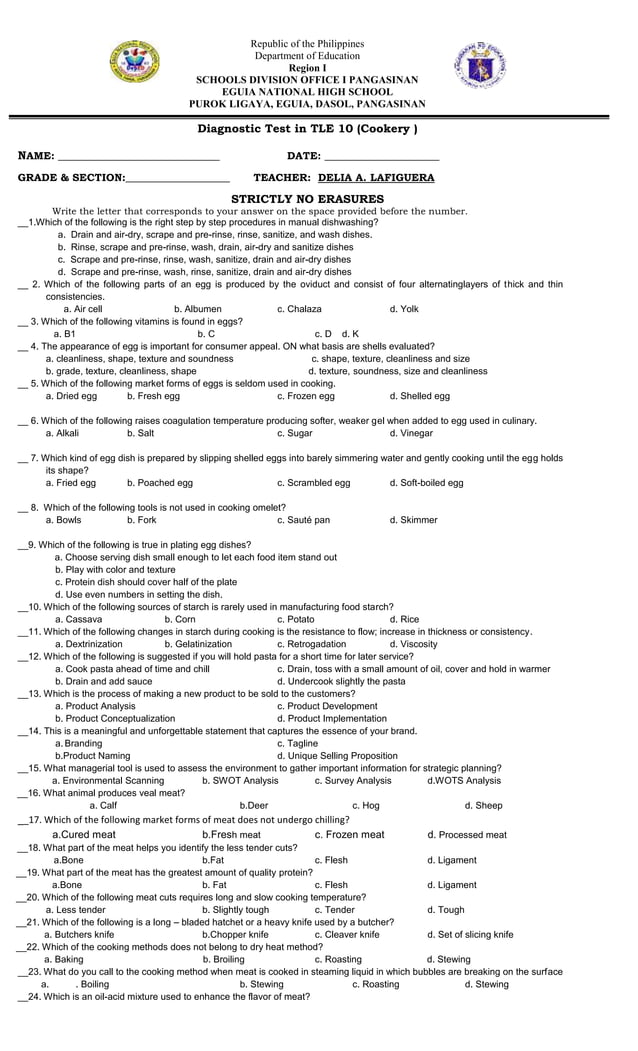 COOKERY-10-Diagnostic-Test-with-TOS (1).docx | Cooking | Food & Drink