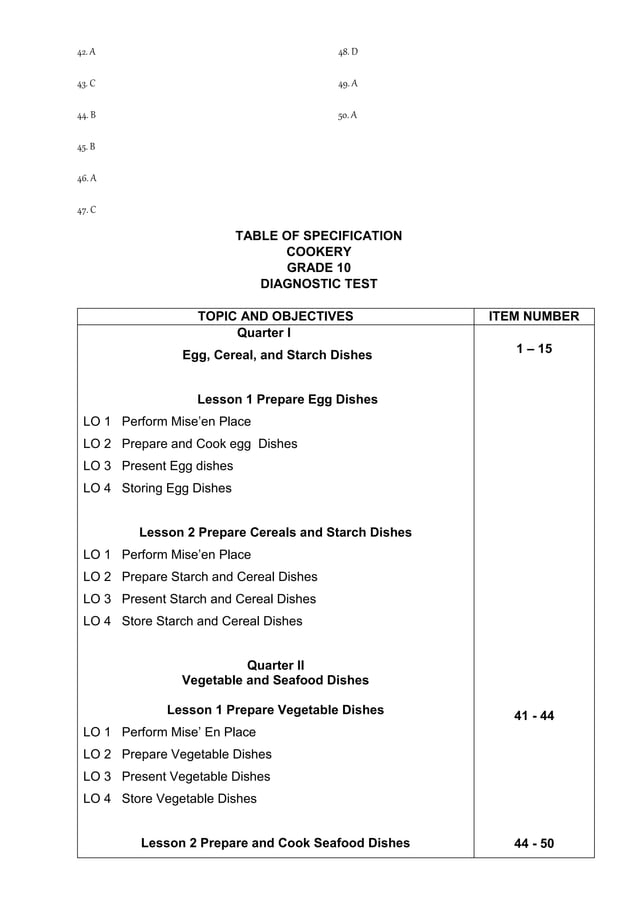 COOKERY-10-Diagnostic-Test-with-TOS (1).docx | Cooking | Food & Drink