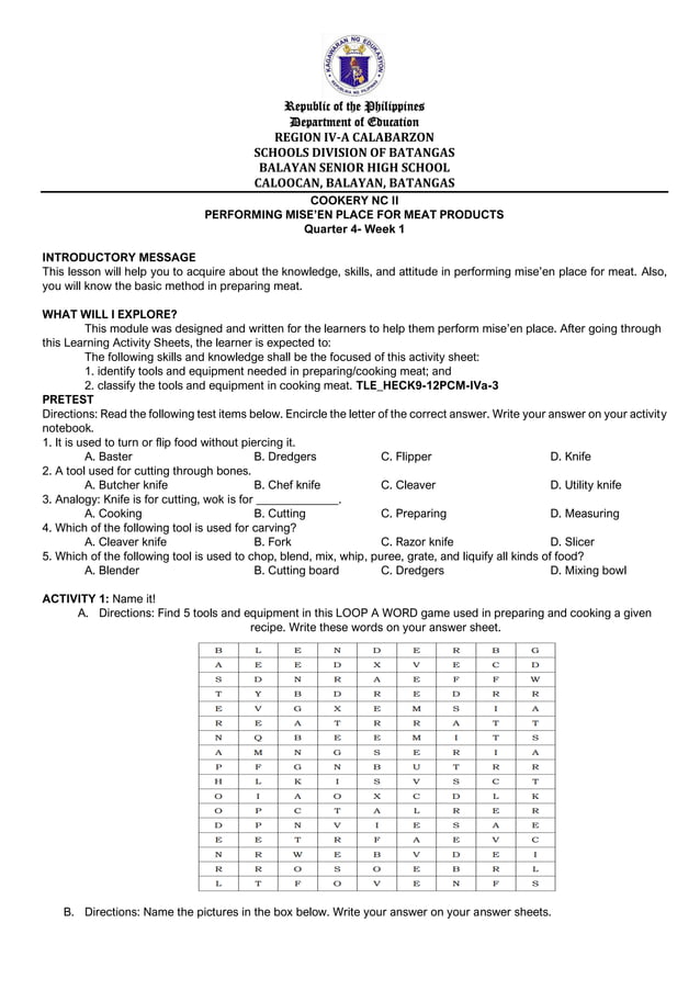 Cookery-LAS Q4-WK1.pdf | Woodworking | Arts and Crafts