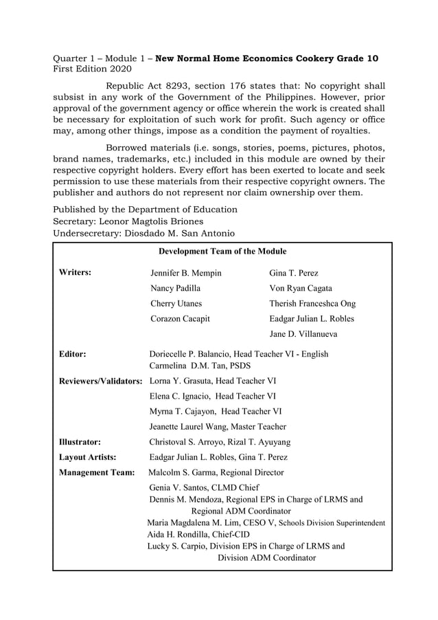 Cookery 10 q1 mod1 | PDF | Desserts and Baking | Food & Drink
