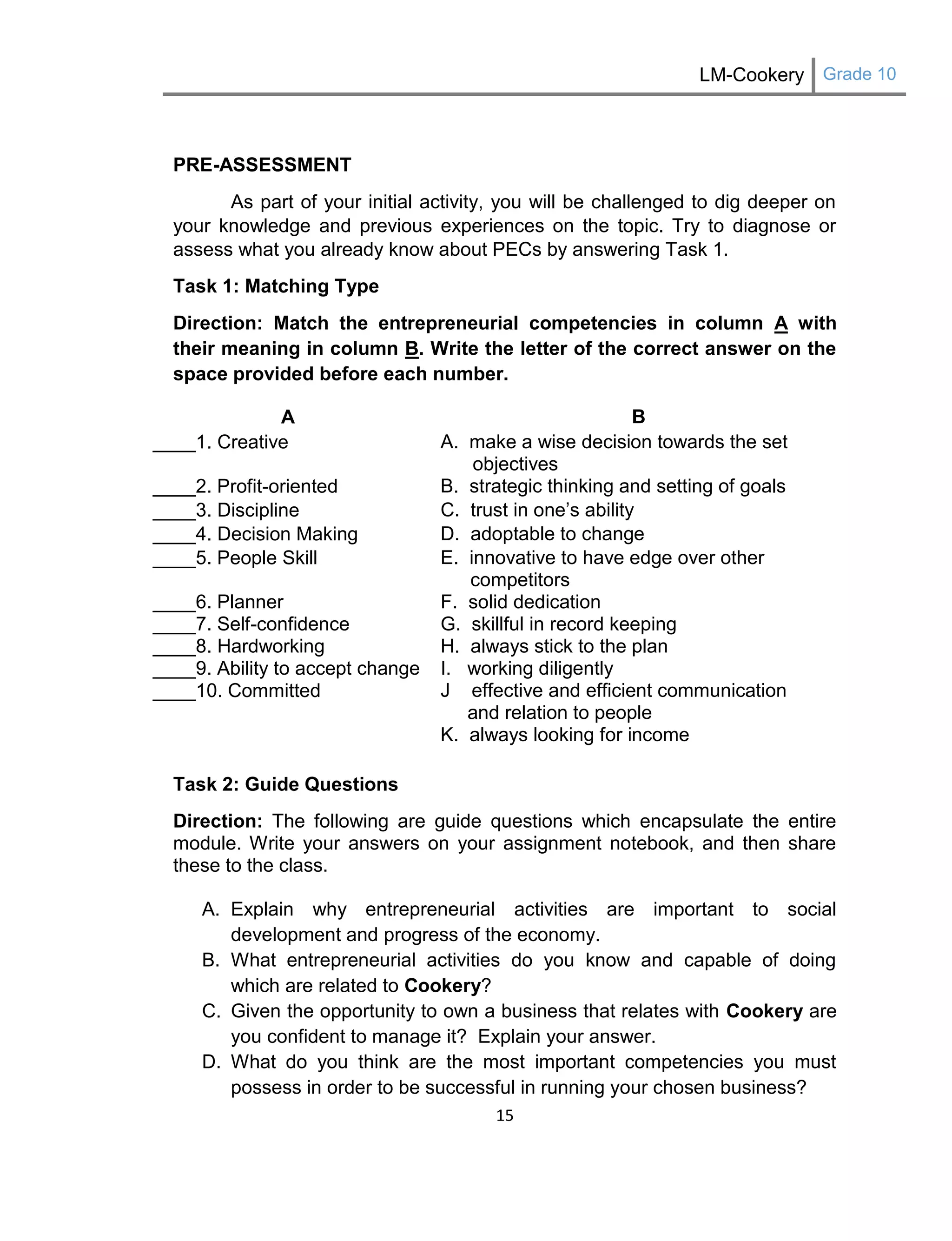 Learning Module Cookery Grade 10 | PDF