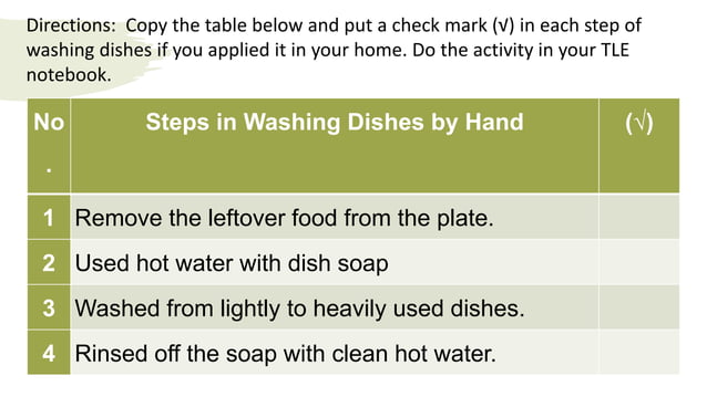 Cookery lesson 5 dishwashing method.pptx | Cooking | Food & Drink