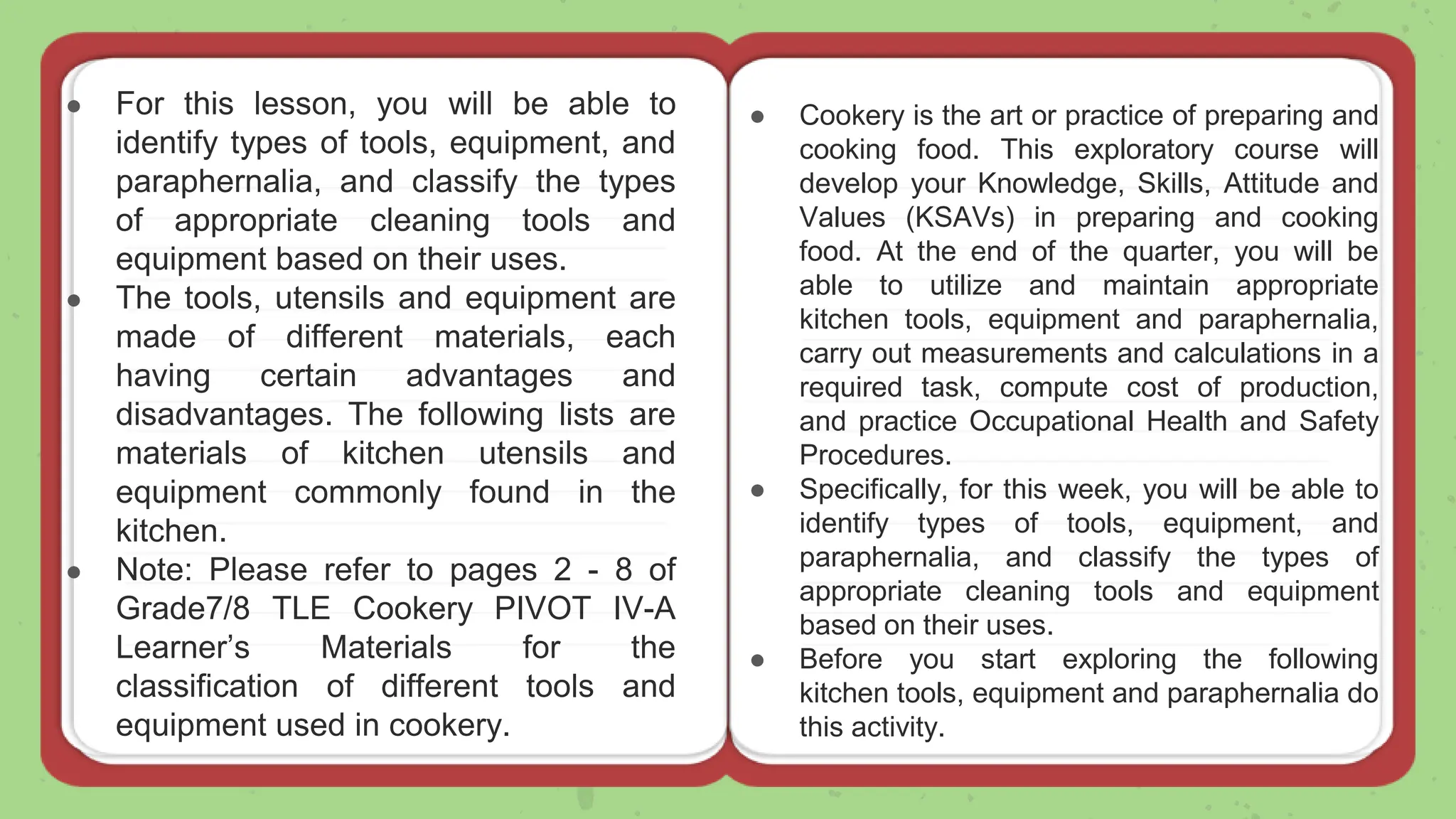 cookery week-1.pptx Technology and Livelihood education | PPTX
