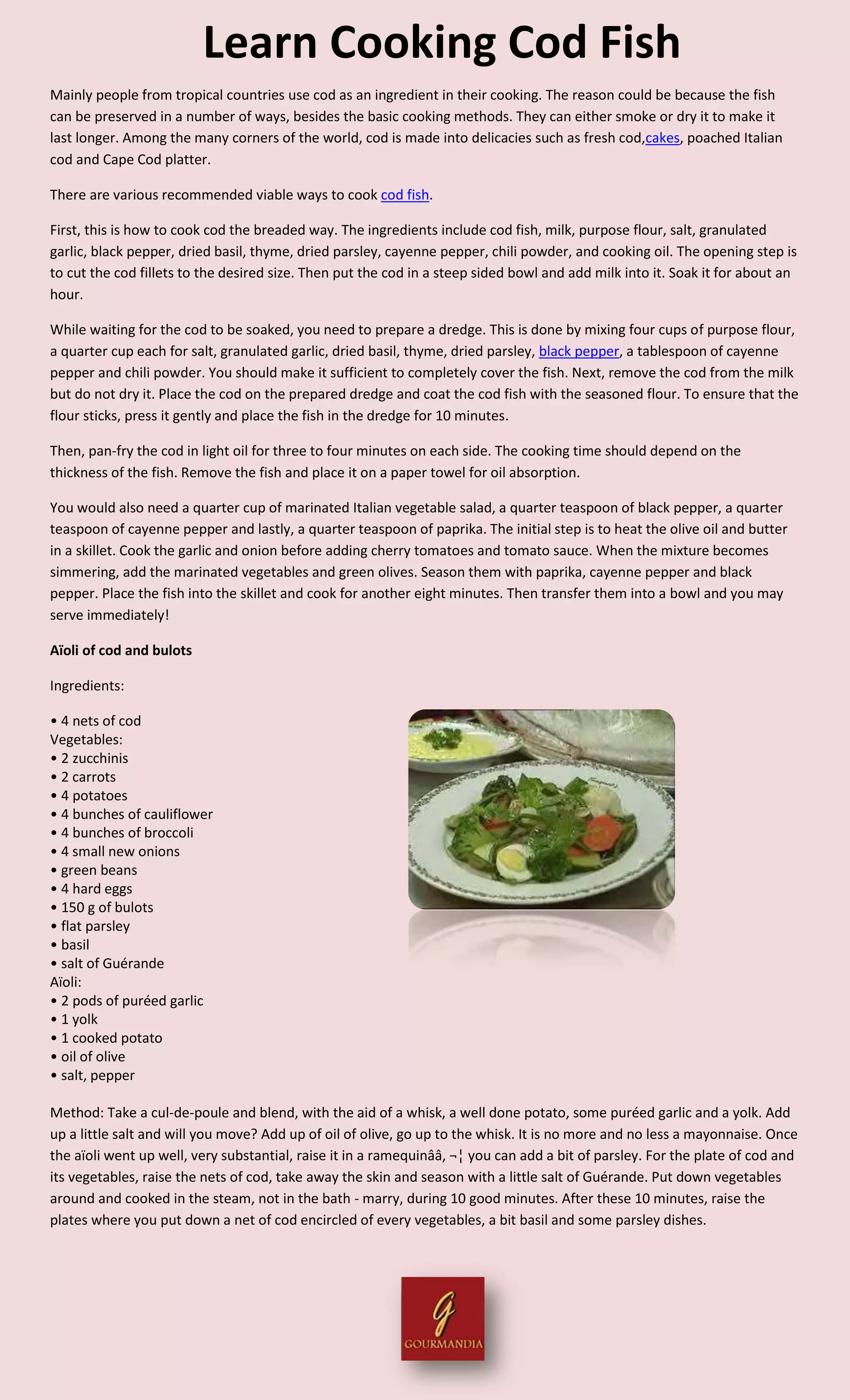 Cooking cod fish | DOCX | Cooking | Food & Drink