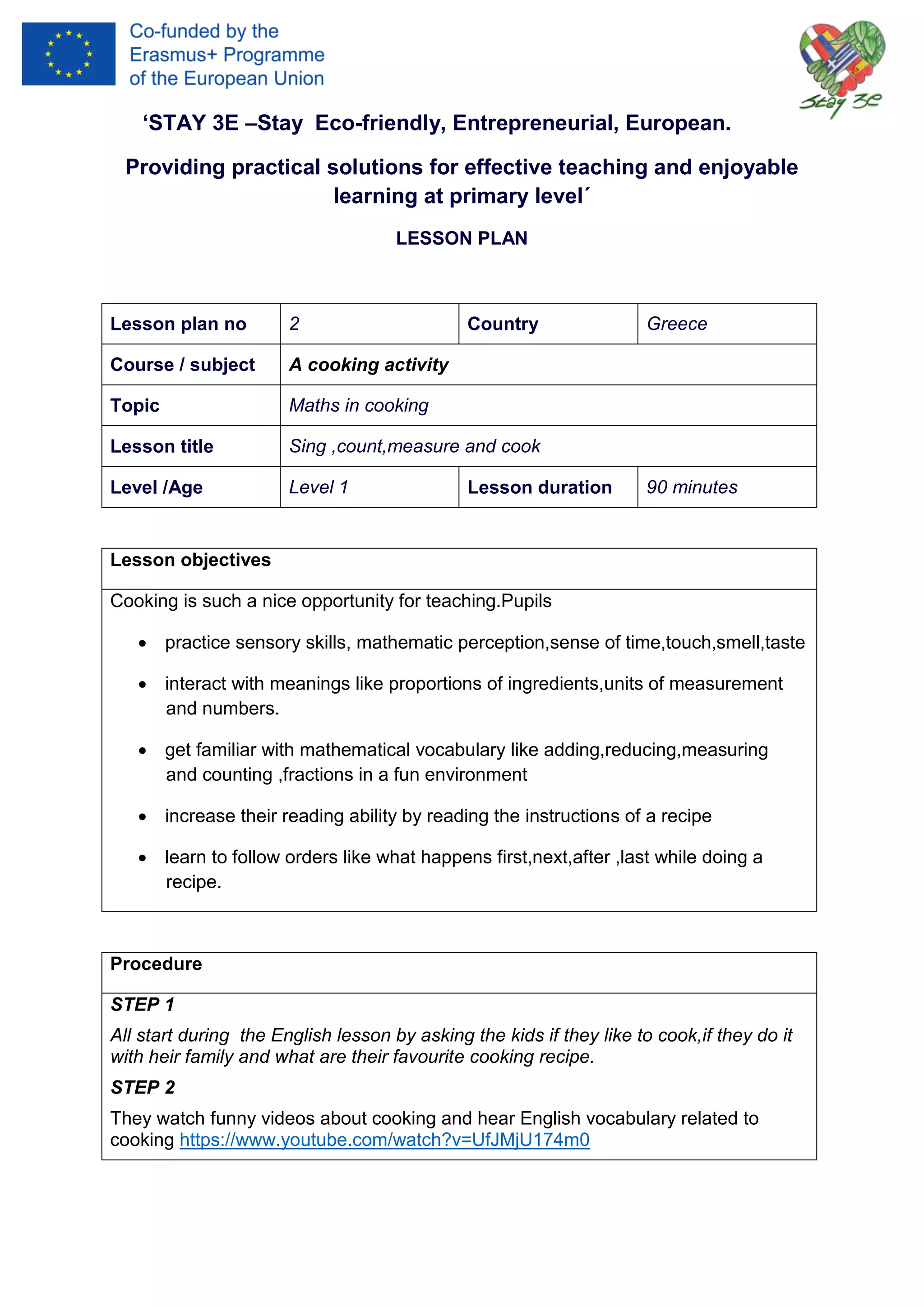 Cooking lesson plans' book | PDF