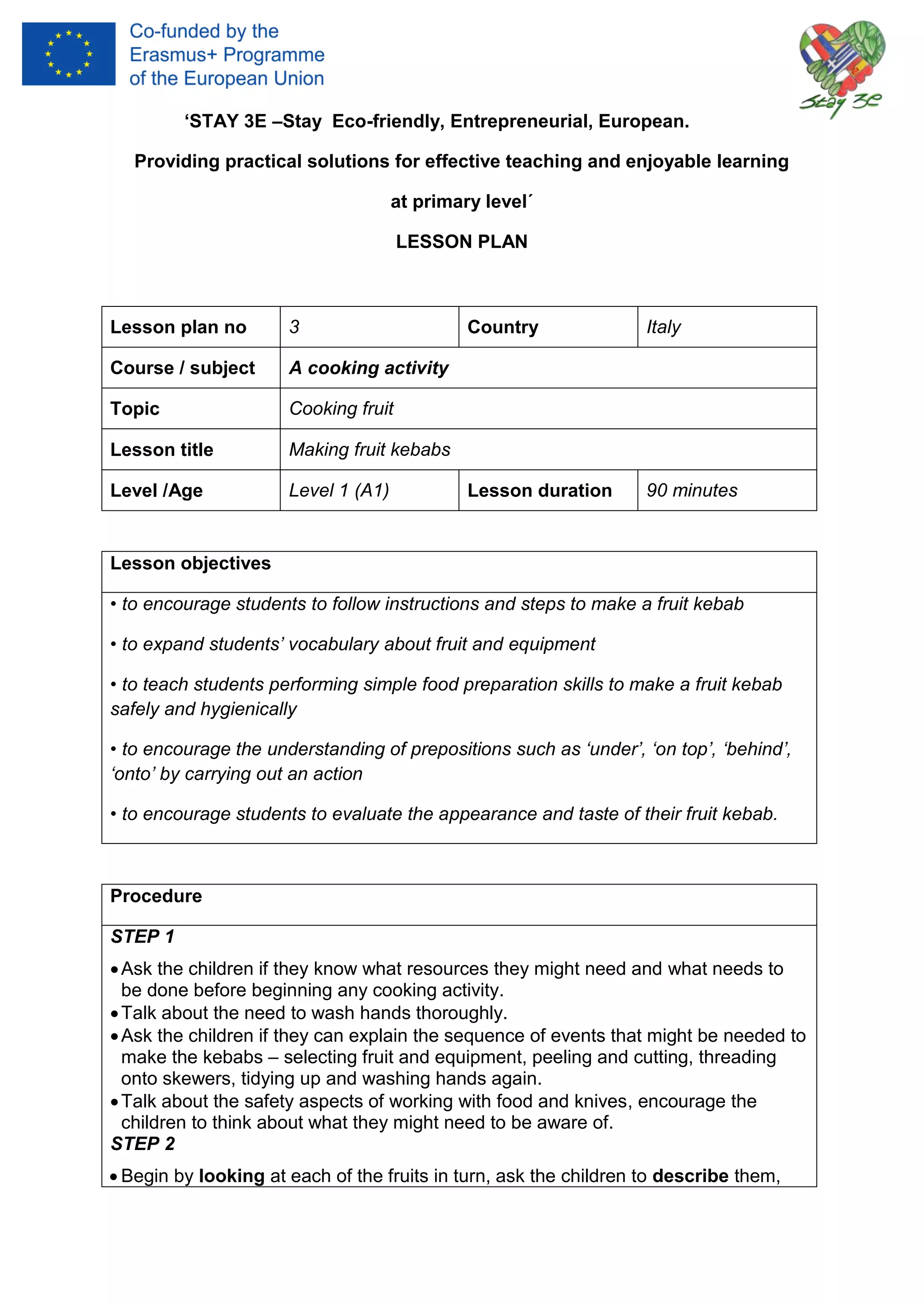 Cooking lesson plans' book | PDF