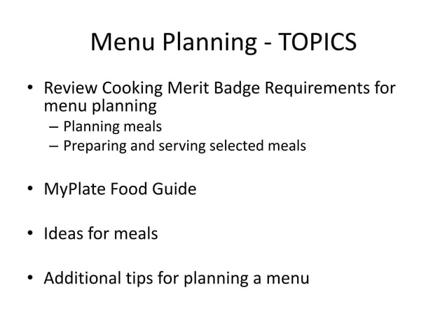 Cooking Merit Badge - menu planning.pptx | Camping | Travel Type
