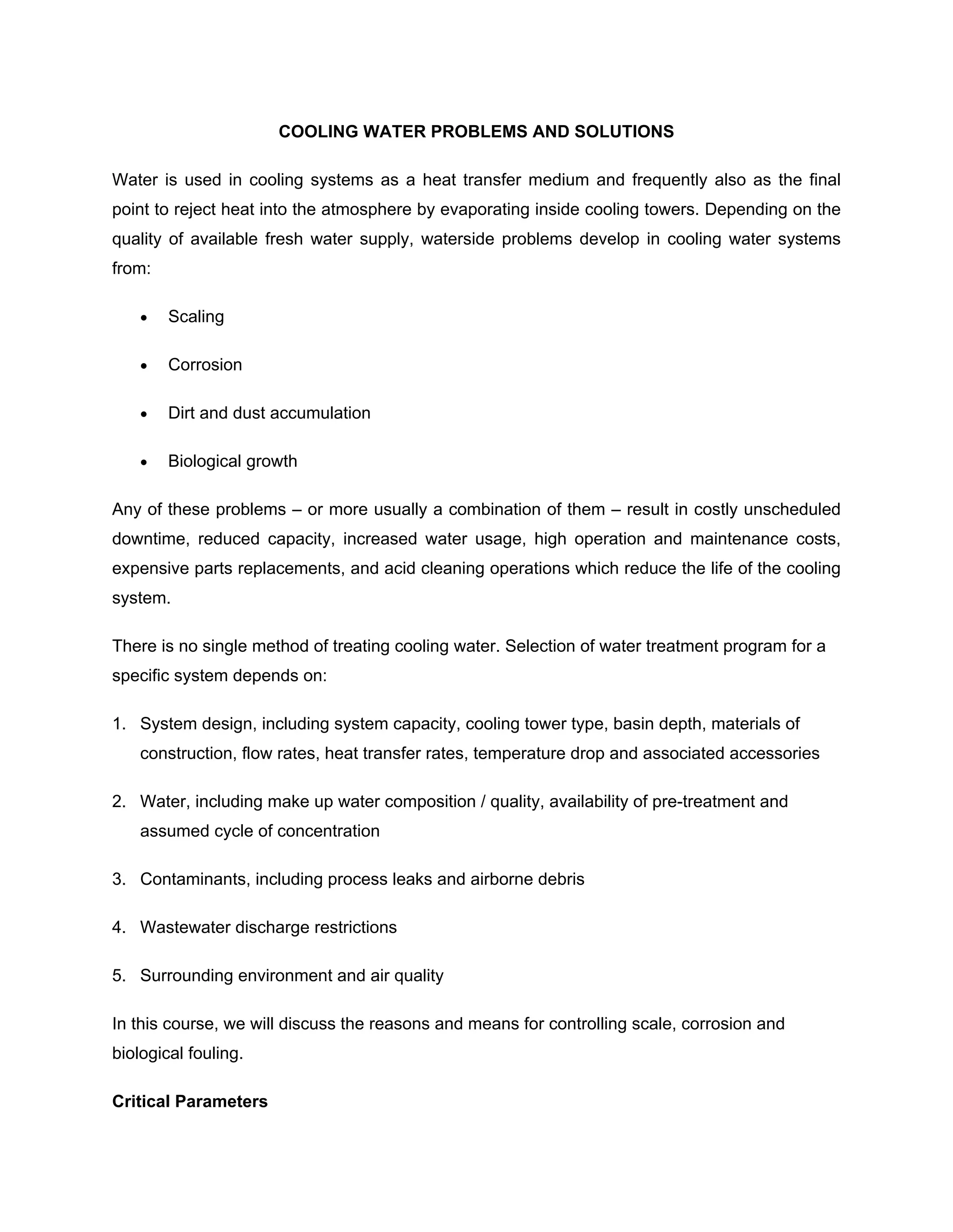 Cooling water problems and solutions | PDF