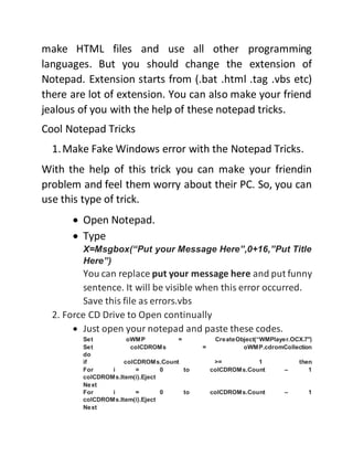 Cool notepad tricks for computer 2016 | DOCX