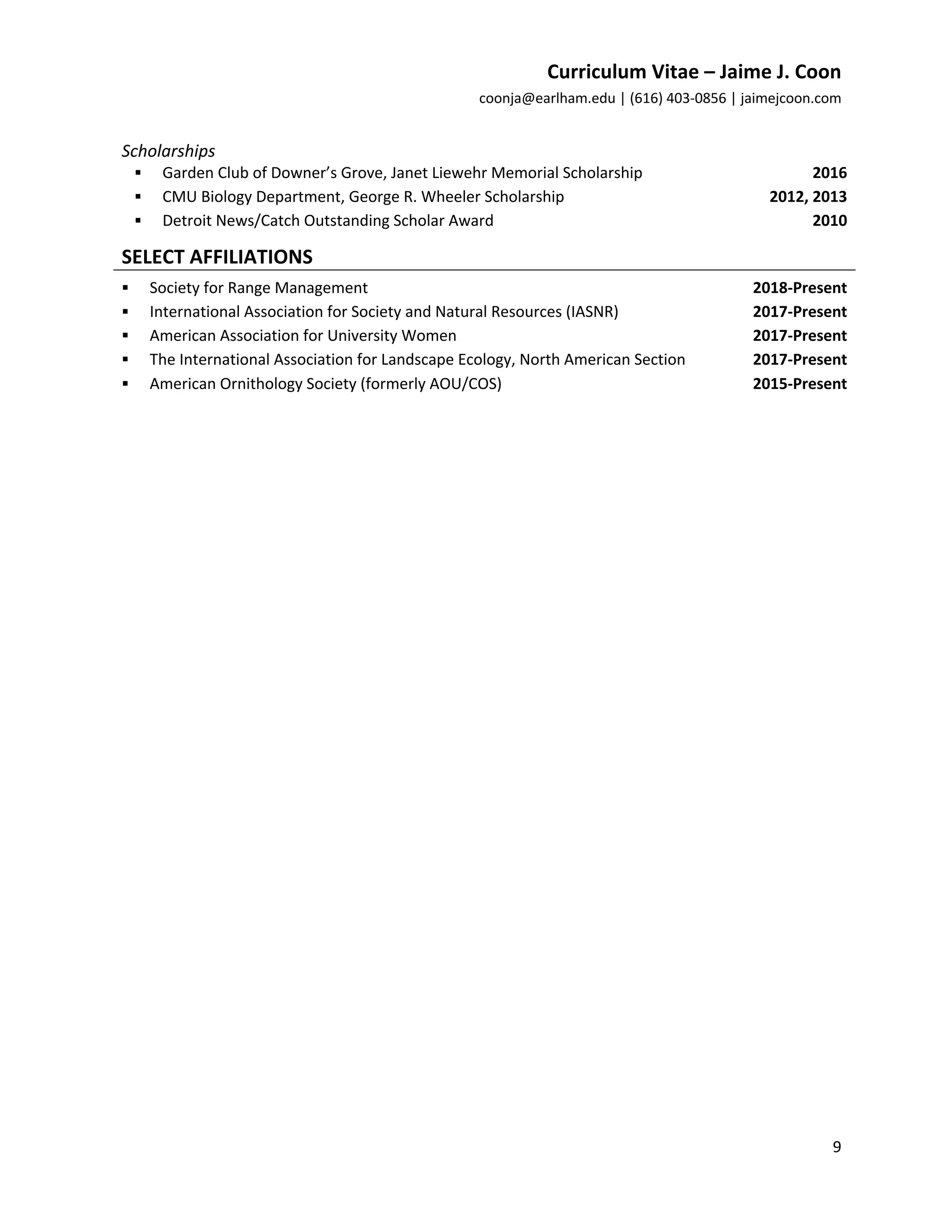 Jaime Coon CV | PDF | Undergraduate Education | College Education