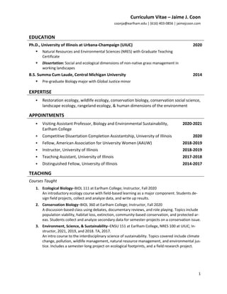 Jaime Coon CV | PDF | Undergraduate Education | College Education