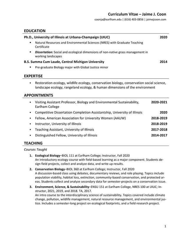 Jaime Coon CV | PDF | Undergraduate Education | College Education