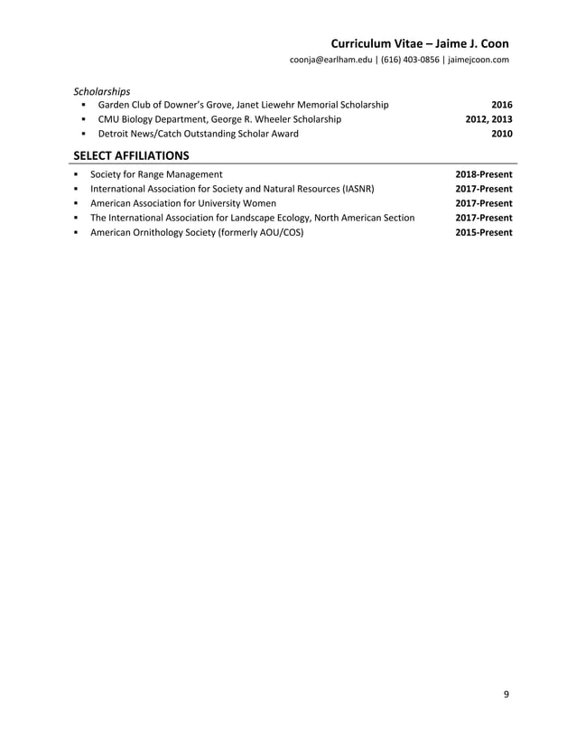 Jaime Coon CV | PDF | Undergraduate Education | College Education