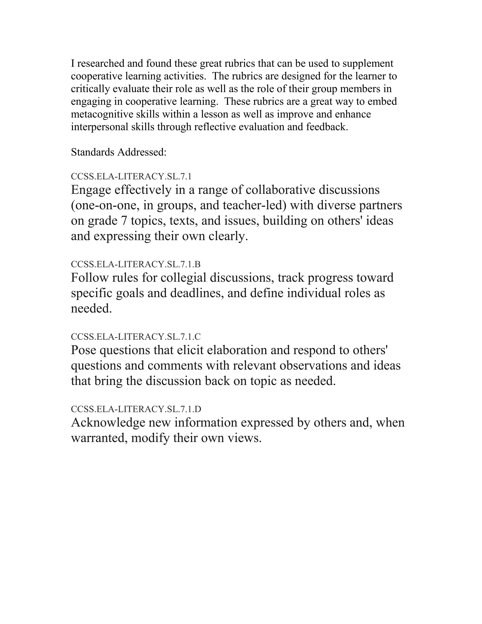 Cooperative learning rubrics | DOCX