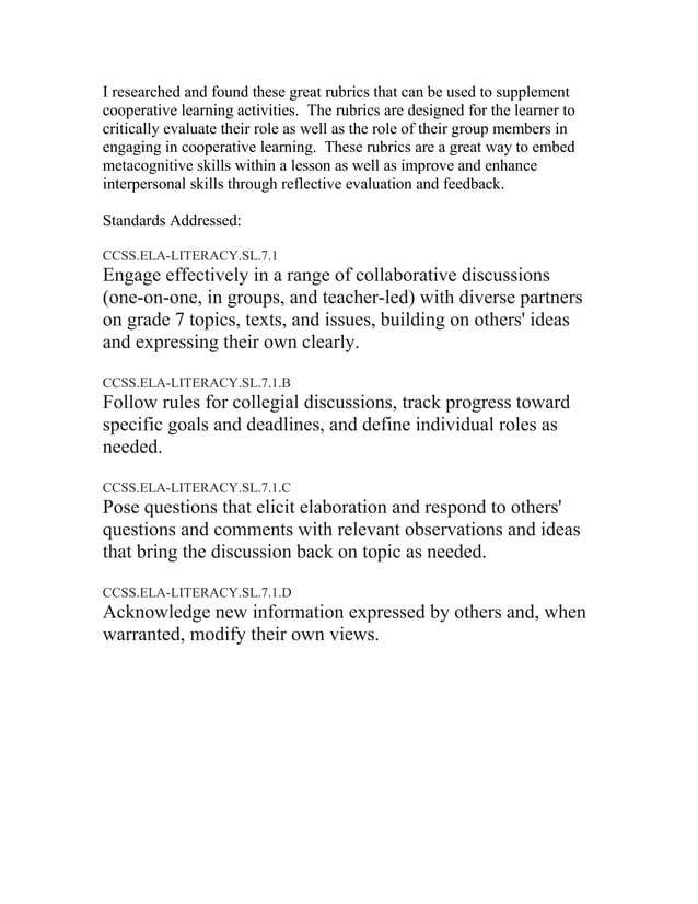 Cooperative learning rubrics | DOCX