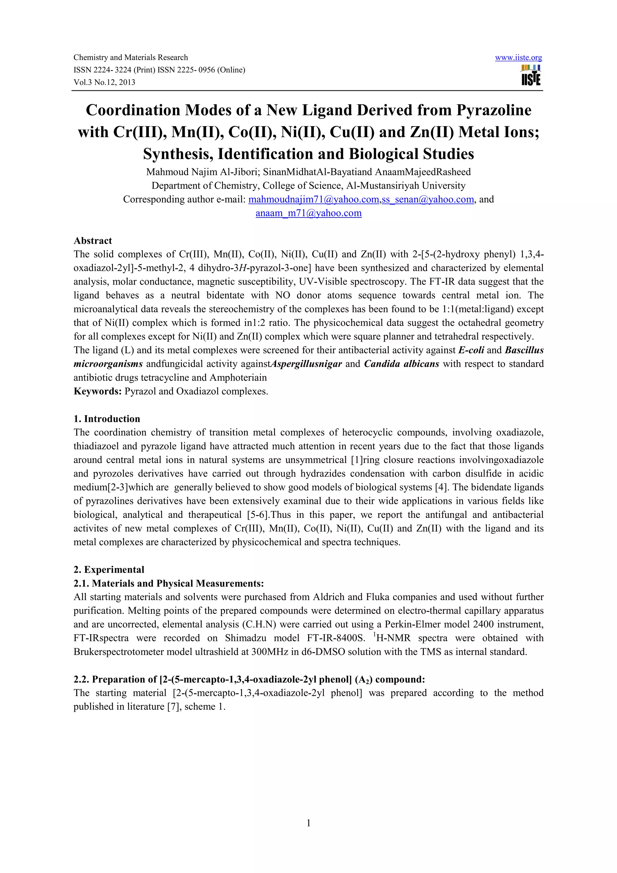 Coordination modes of a new ligand derived from pyrazoline with cr(iii), mn(ii), co(ii), ni(ii ...