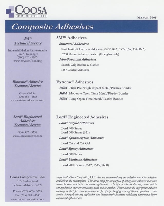 Coosa Composite Structural Panel Adhesive List | PDF